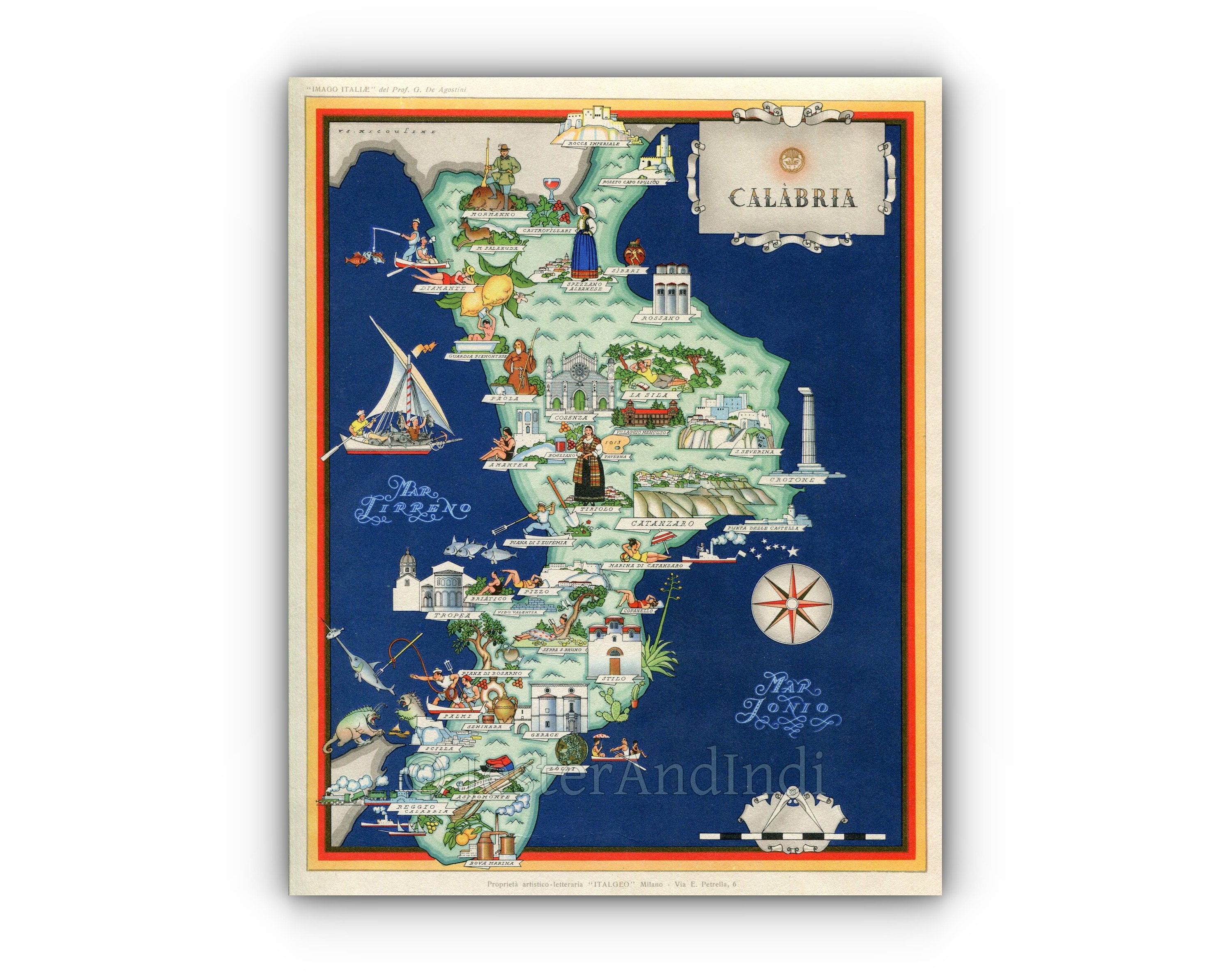 Art & Collectibles Digital Prints Old Map of Calabria Vintage Pictorial ...