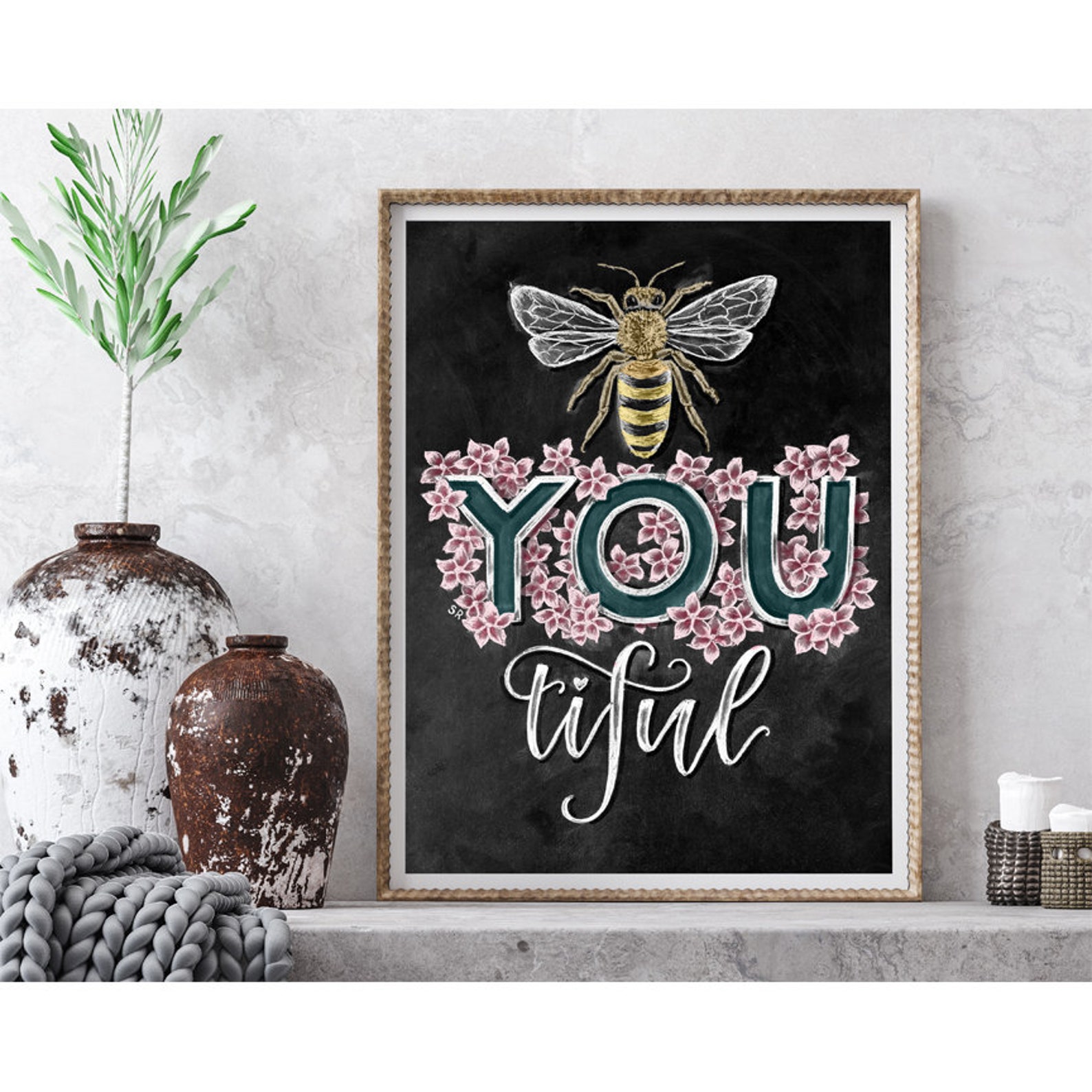 Beeyoutiful Bee Wall Art Bee Print Chalkboard Art Floral - Etsy