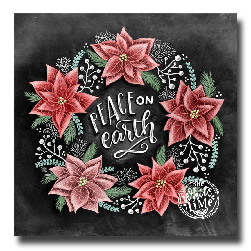 Holiday Wreath, Peace on Earth Print, Chalkboard Art, Chalk Art ...