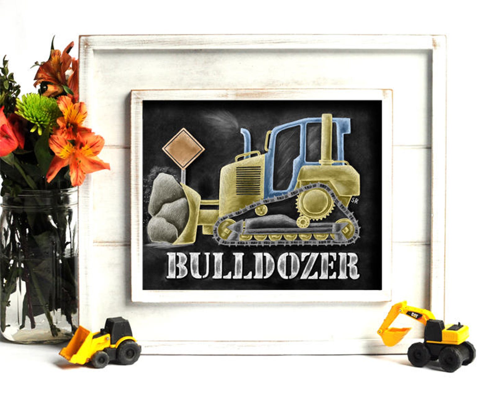Bulldozer Print, Construction Truck Art, Chalk Art, Boys Bedroom Decor ...