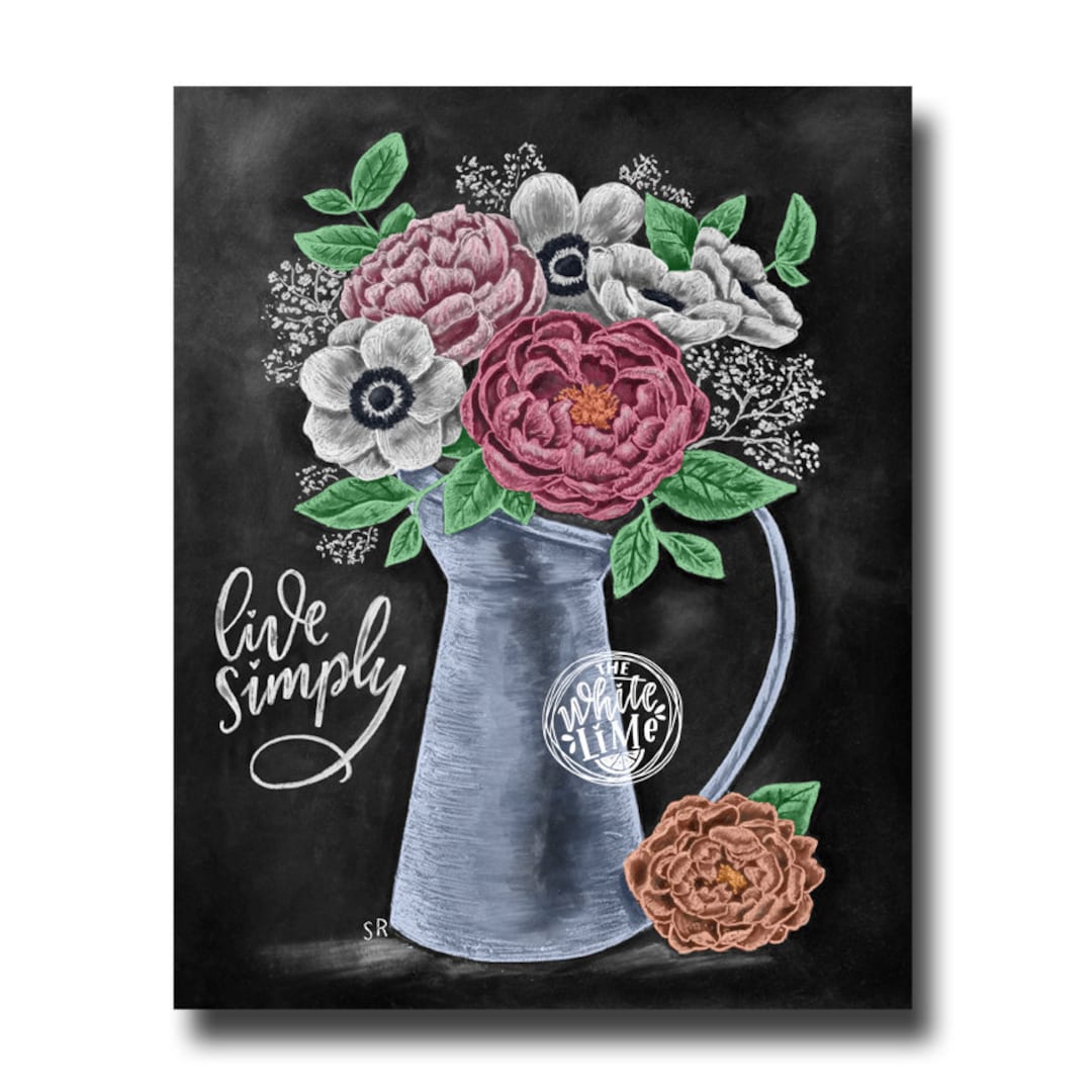 Live Simply Sign, Spring Art, Peony Wall Art, Chalkboard Sign, Floral ...