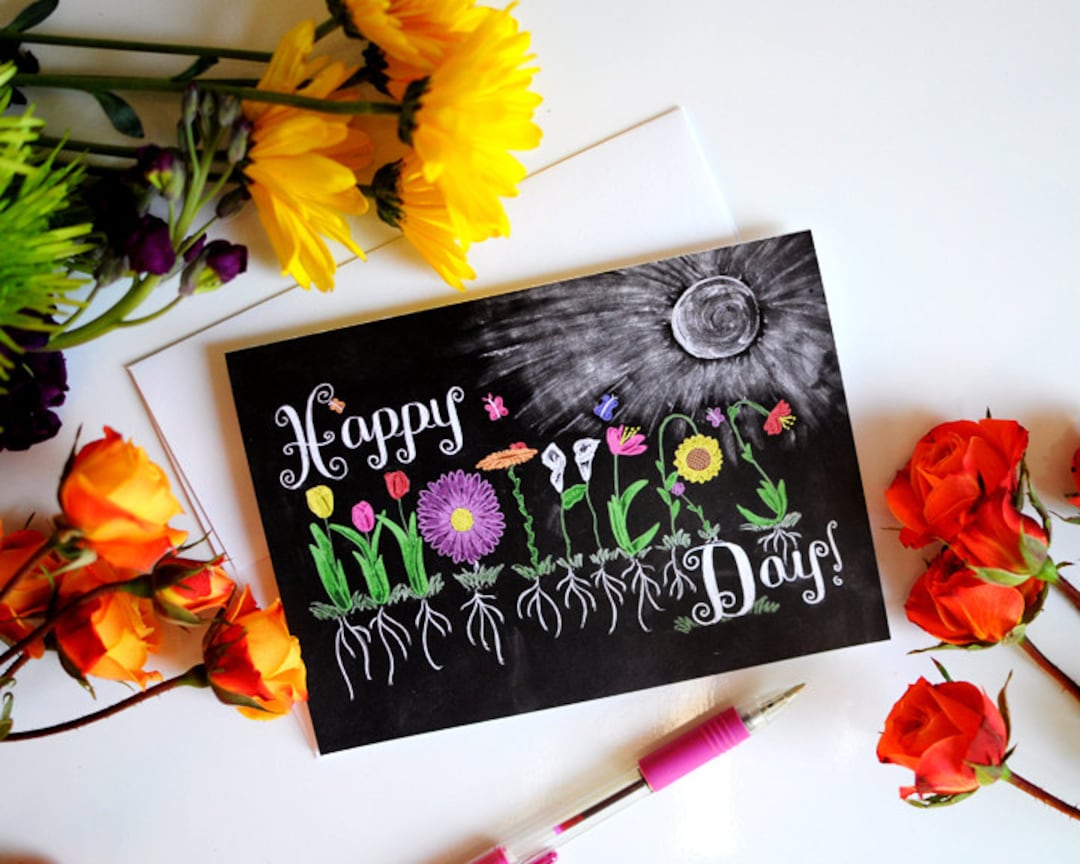 Mothers Day Card Chalkboard Card Unique Card Spring Flowers Chalk Art ...