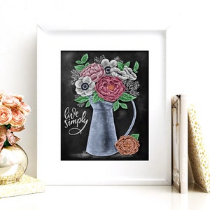 Live Simply Sign, Spring Art, Peony Wall Art, Chalkboard Sign, Floral ...