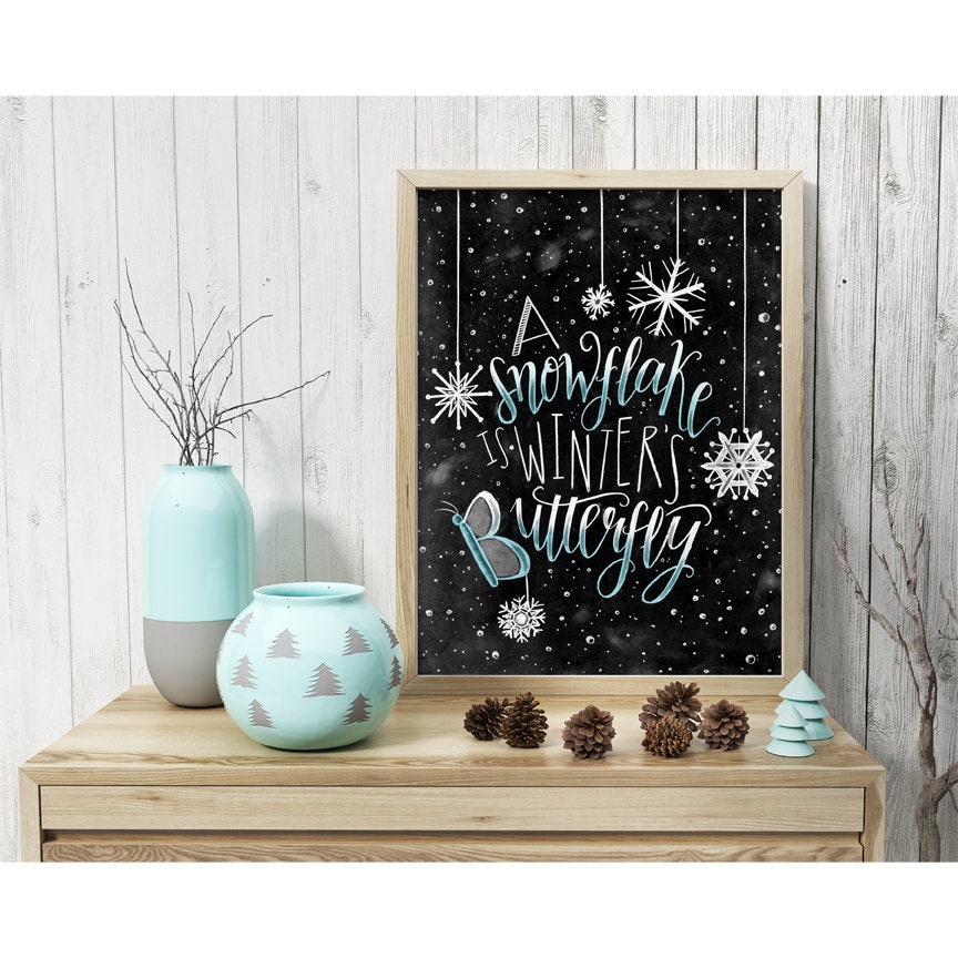 Snowflake Butterfly Chalkboard Art Print, Winter Decor - Etsy