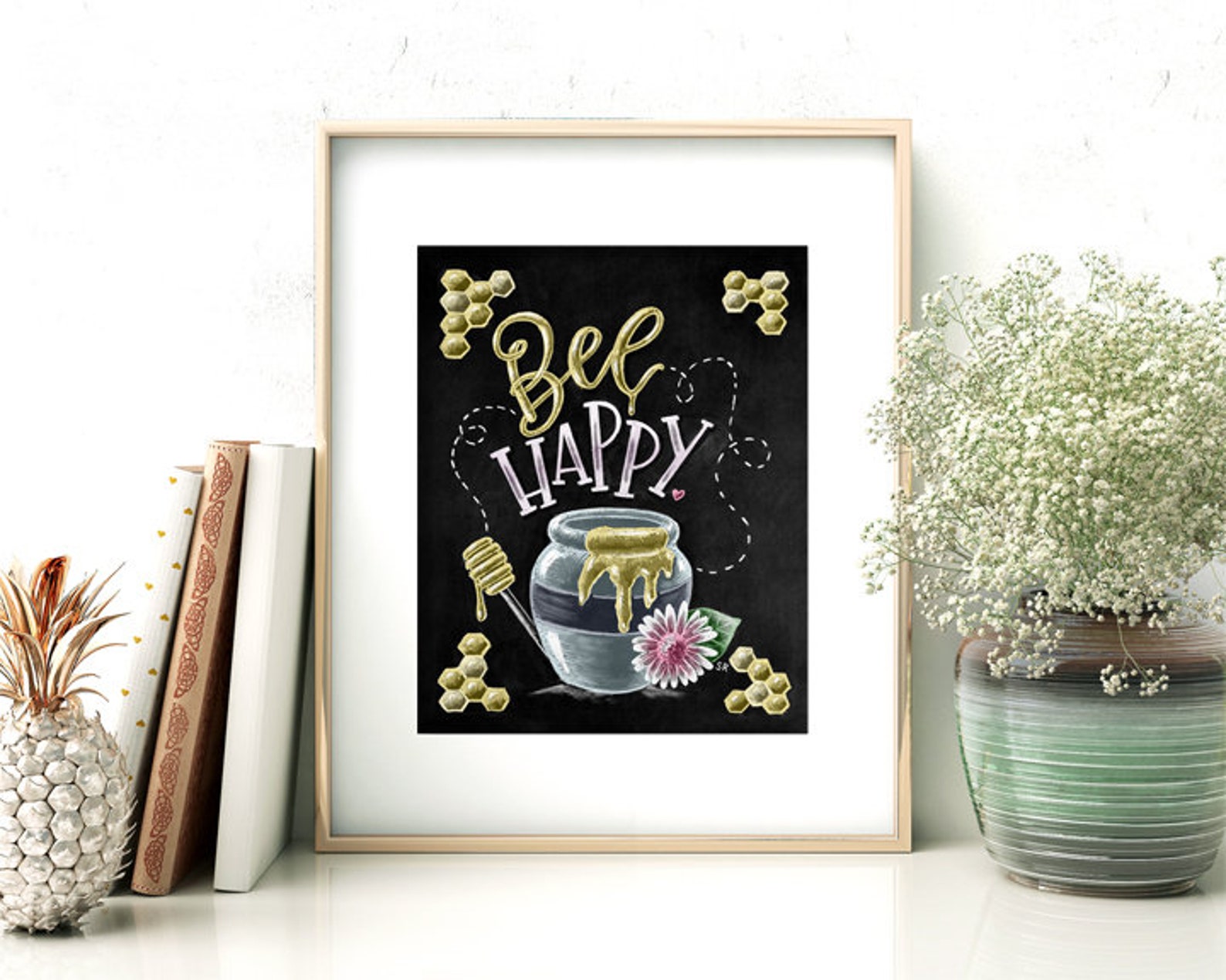 Bee Happy Chalkboard Sign, Honeycomb Spring Decor, Bee Lover Gift ...