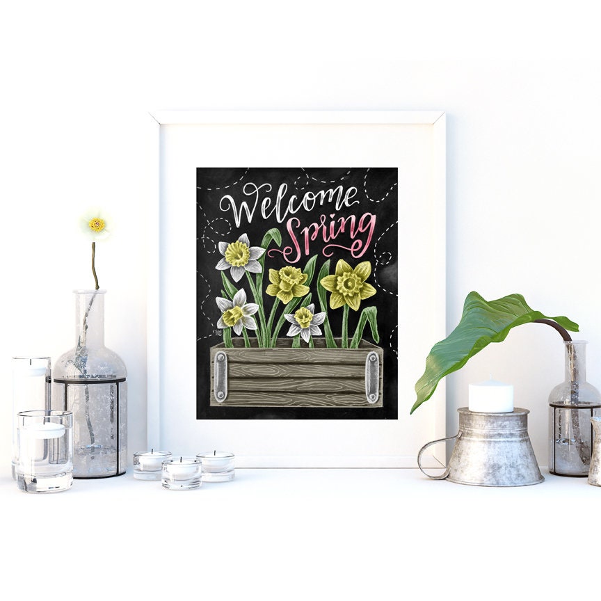 Welcome Spring Daffodil Chalkboard Print, Floral Wall Art, Botanical ...