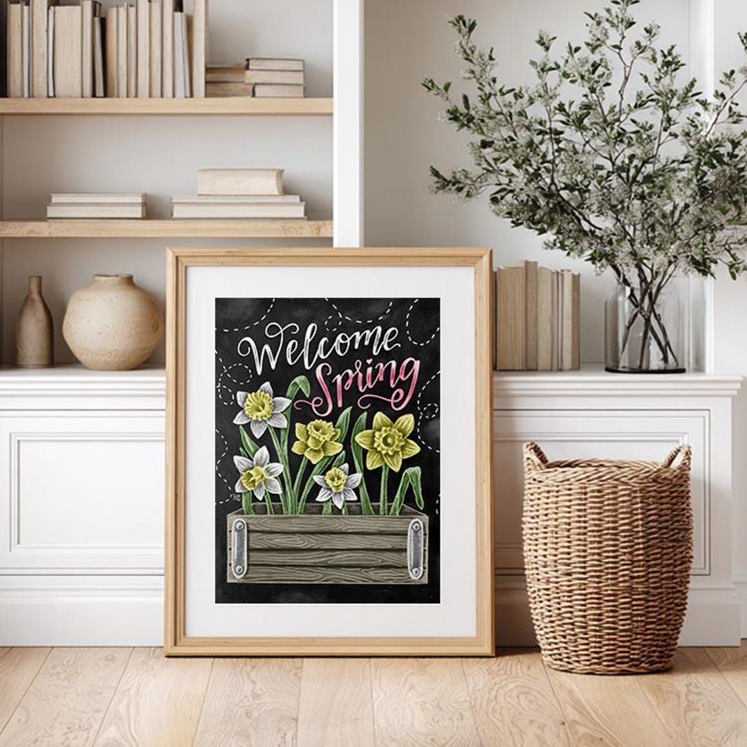 Welcome Spring Daffodil Chalkboard Print, Floral Wall Art, Botanical ...