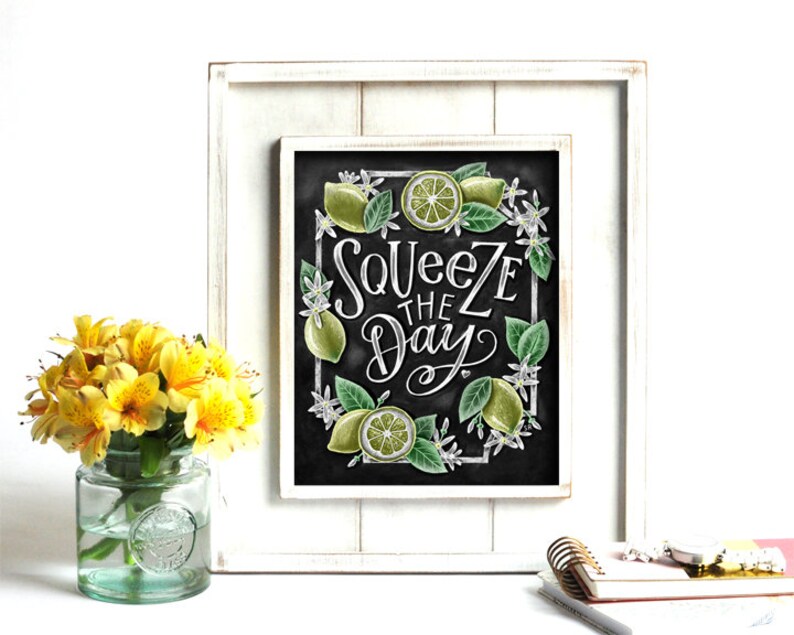 Squeeze the Day Lemon Art Print, Lemon Kitchen Decor, Rustic Farmhouse ...