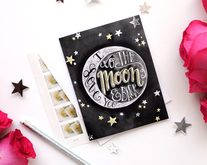 I Love You To The Moon And Back Chalkboard Card Chalk Art | Etsy
