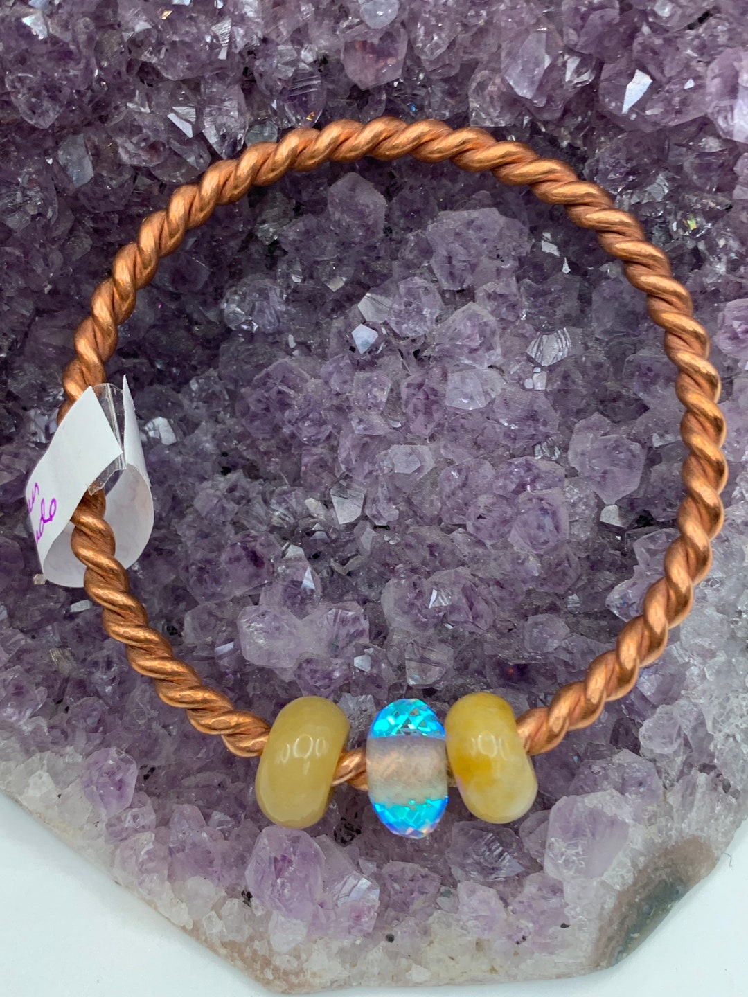 1/2 Atlantean Cubit Copper Tensor Ring Bangle Bracelet With Yellow Jade and Rainbow Quartz Beads ...