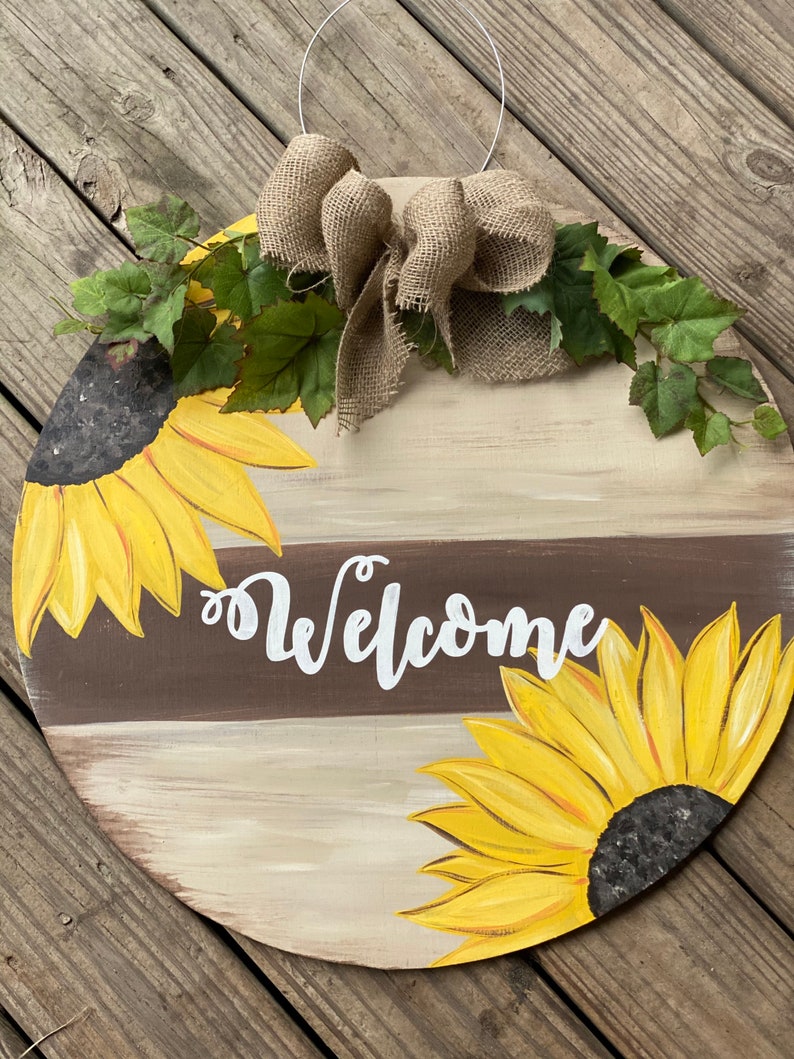Welcome sunflower Door Hanger Wood Door Hanger Sunflower | Etsy