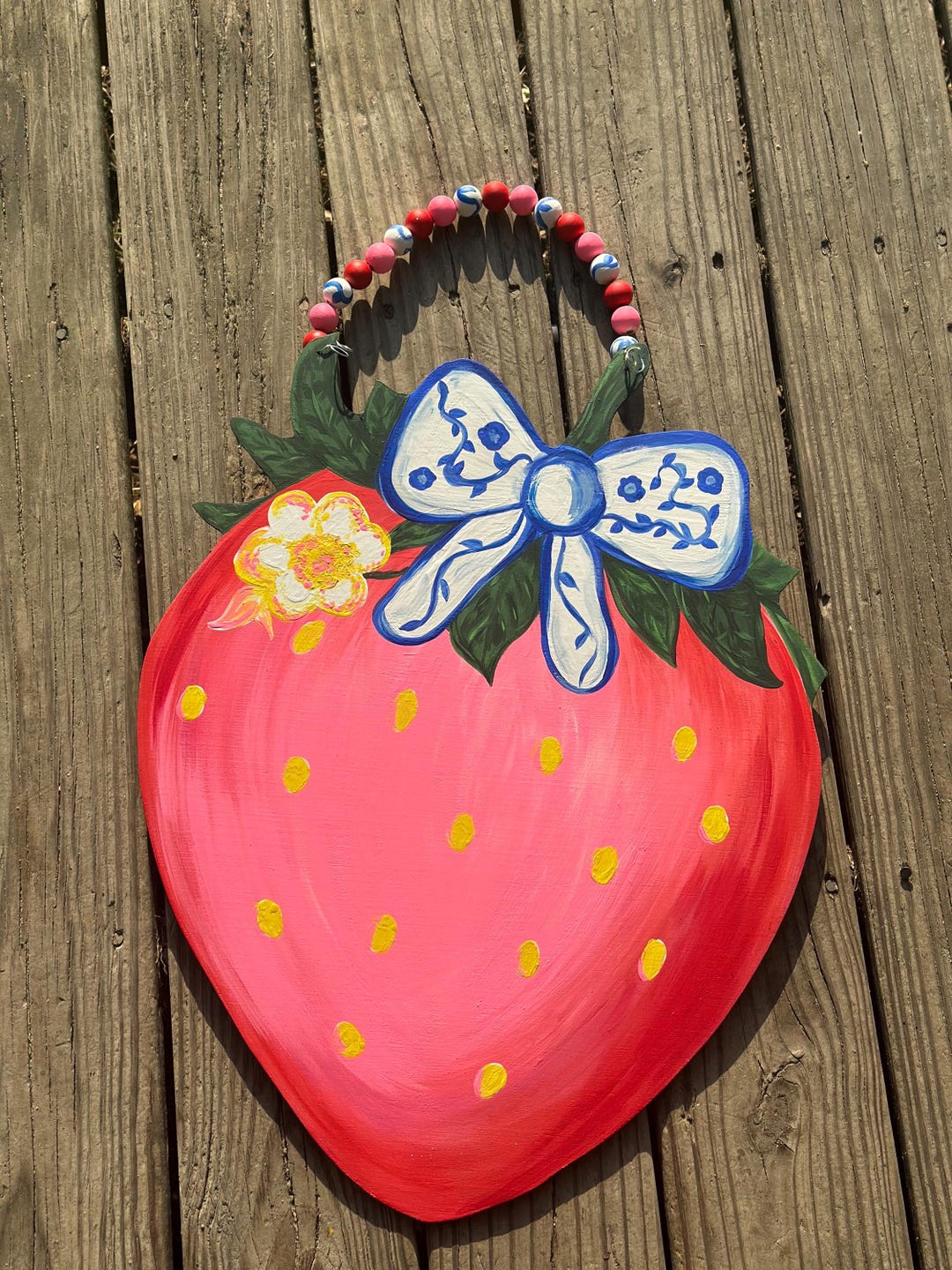 Hand Painted Strawberry Door Hanger With Bow, Beaded Hanger Spring ...