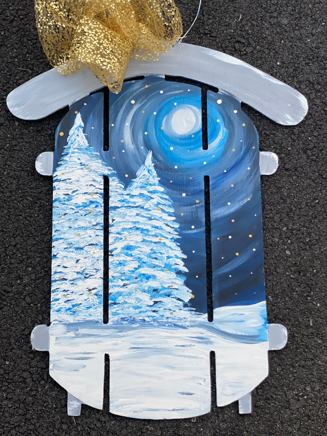Sled Door Hanger, Winter Night Painting, Christmas Sled, Winter ...