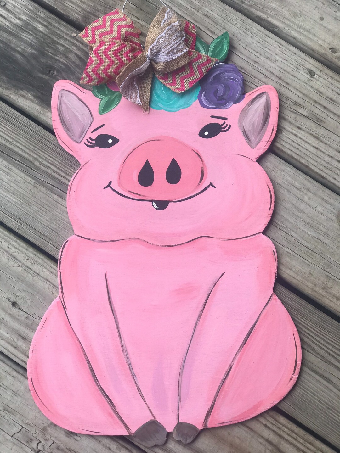 Pink Pig With Floral Crown Door Hanger, Pig Door Decor, Farmhouse Door ...