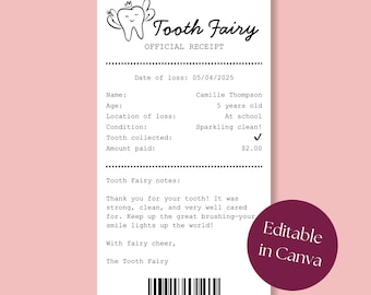 Editable Tooth Fairy Receipt Printable | Canva Template for First Lost ...