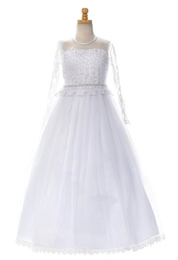 Lace Long Sleeves First Communion Dress With Sheer Illusion - Etsy