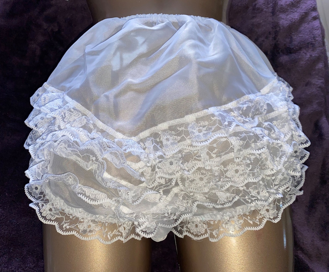 Vintage Style Bridal White 3 Row V Ruffles Sissy Maids Knickers Sheer