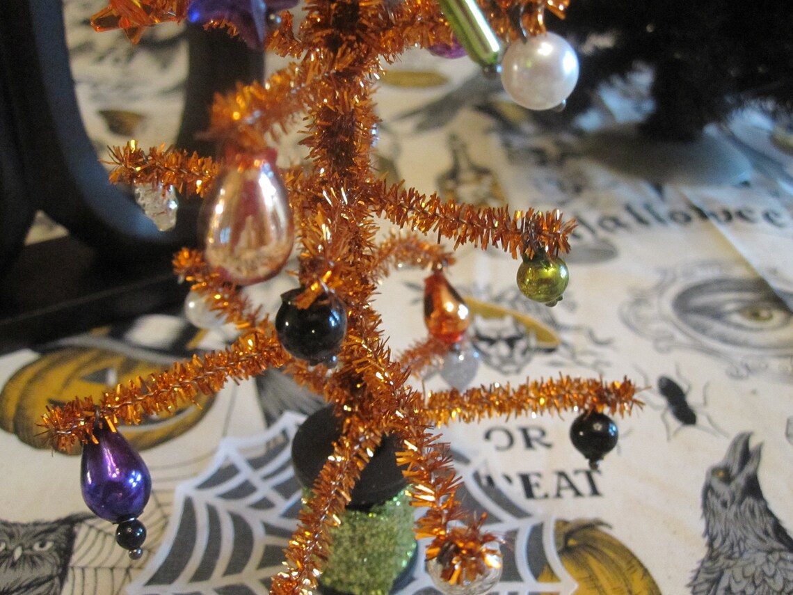 Miniature Orange Tinsel Halloween Feather Tree - Etsy