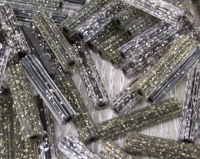 100 Vintage Long Glitter Plastic Tube Beads Gray Gold Silver Fluted 1 ...