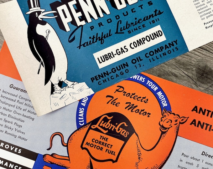 2 Vintage Art Deco Gas Can Labels Penguin Camel 1940s Lubri-gas Garage ...