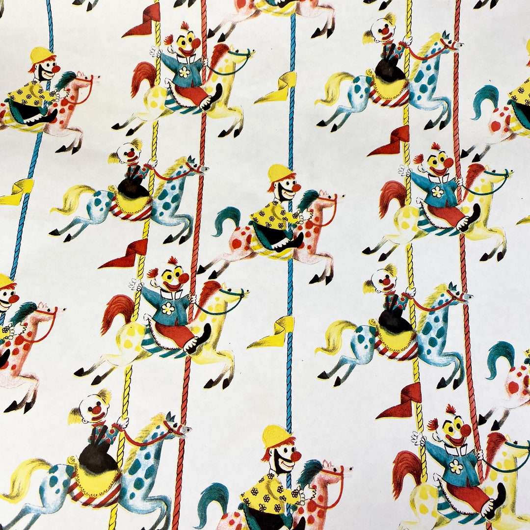 4 Yards 1950s Clown Carousel Gift Wrap Wrapping Paper Retro Cartoon 12 ...