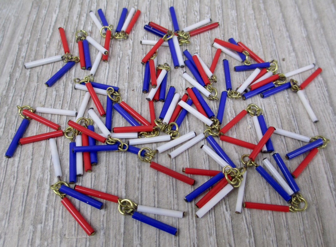 36 Vintage Glass Bead Dangles Patriotic Red White and Blue Bugle Beads ...