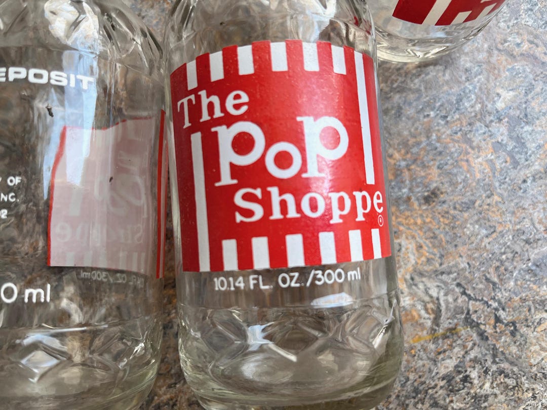 One 1970s Pop Shoppe Soda Bottle Vintage Glass Red White 10 Oz. 300 ML ...