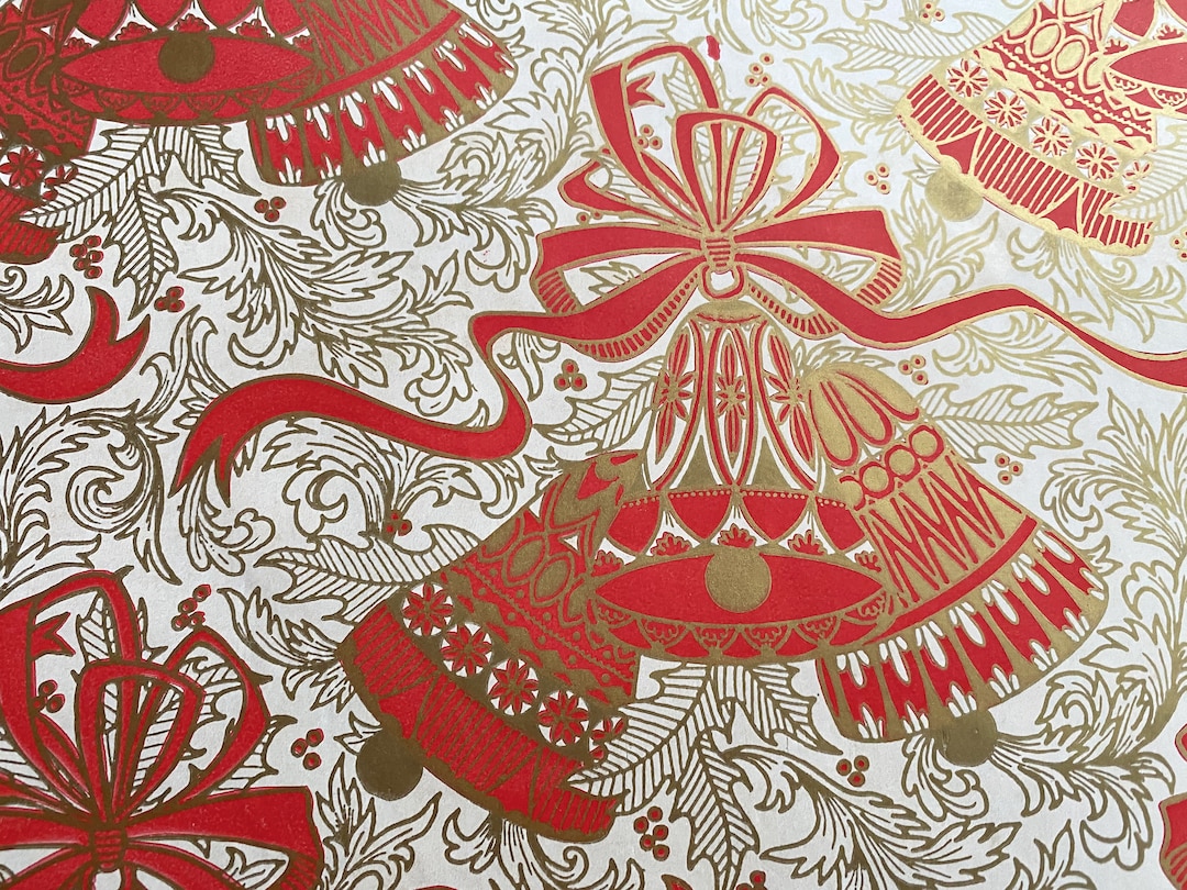 12 Feet Vintage Wrapping Paper Mod 1970s Bells Retro Gift Wrap Red Bell ...