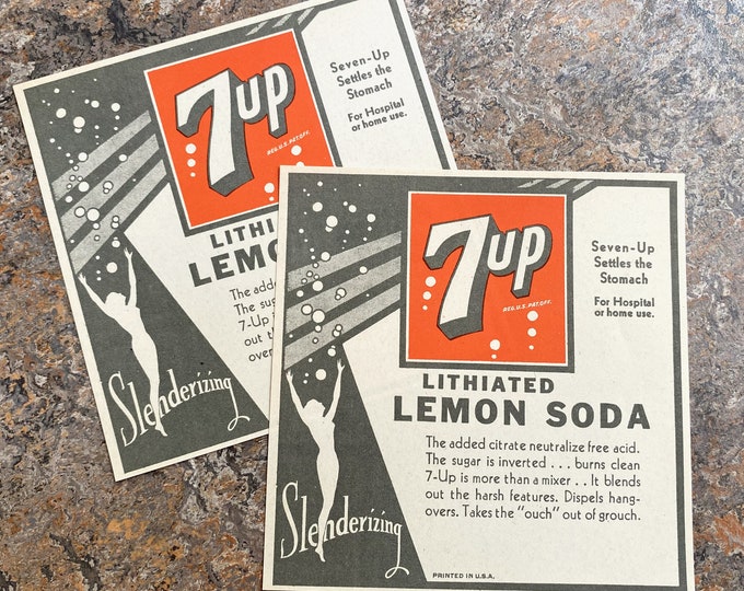 2 Strange Lithium 7up Soda Labels 1930s Art Deco Slenderizing Lithiated ...