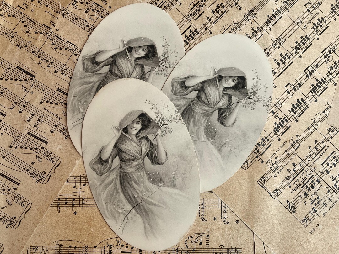 3 Antique Oval Box Labels Early 1900s Hooded Woman in Wind Litho ...
