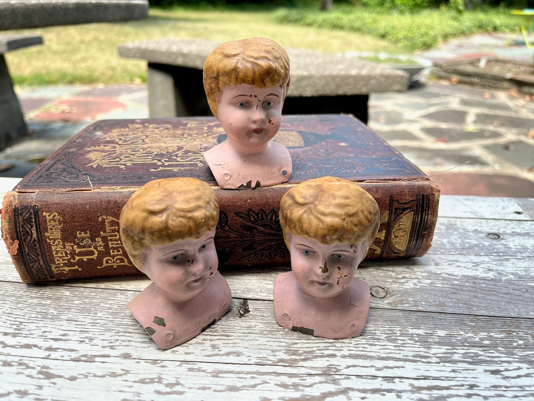 SALE 3 Antique German Early 1900s Metal Doll Heads Painted Tin Dolls ...
