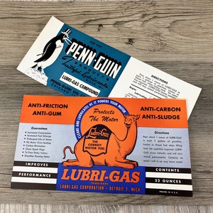 2 Vintage Art Deco Gas Can Labels Penguin Camel 1940s Lubri-gas Garage ...
