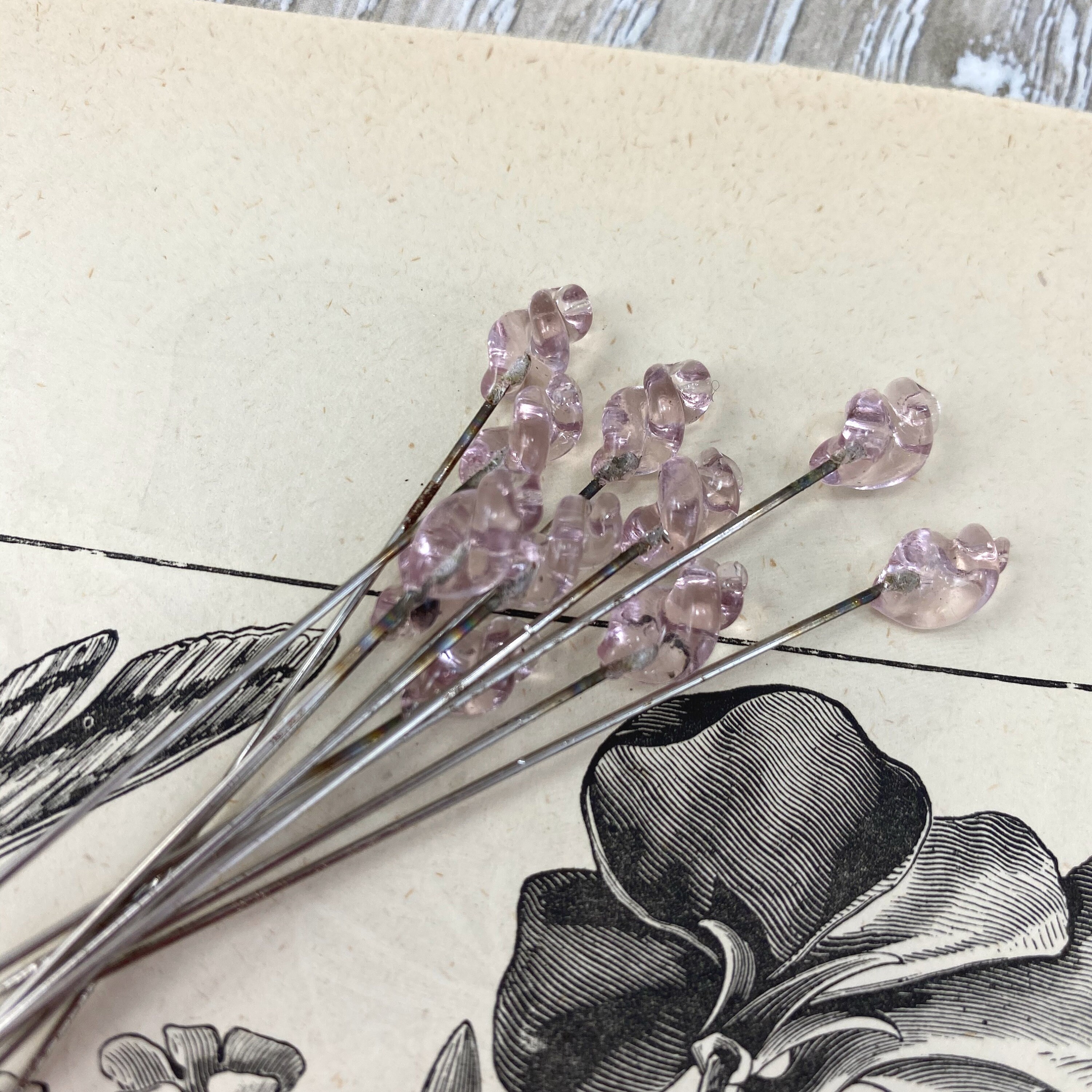 12 Vintage Pale Pinkish Purple Glass Small Head Pins Lot Floral ...