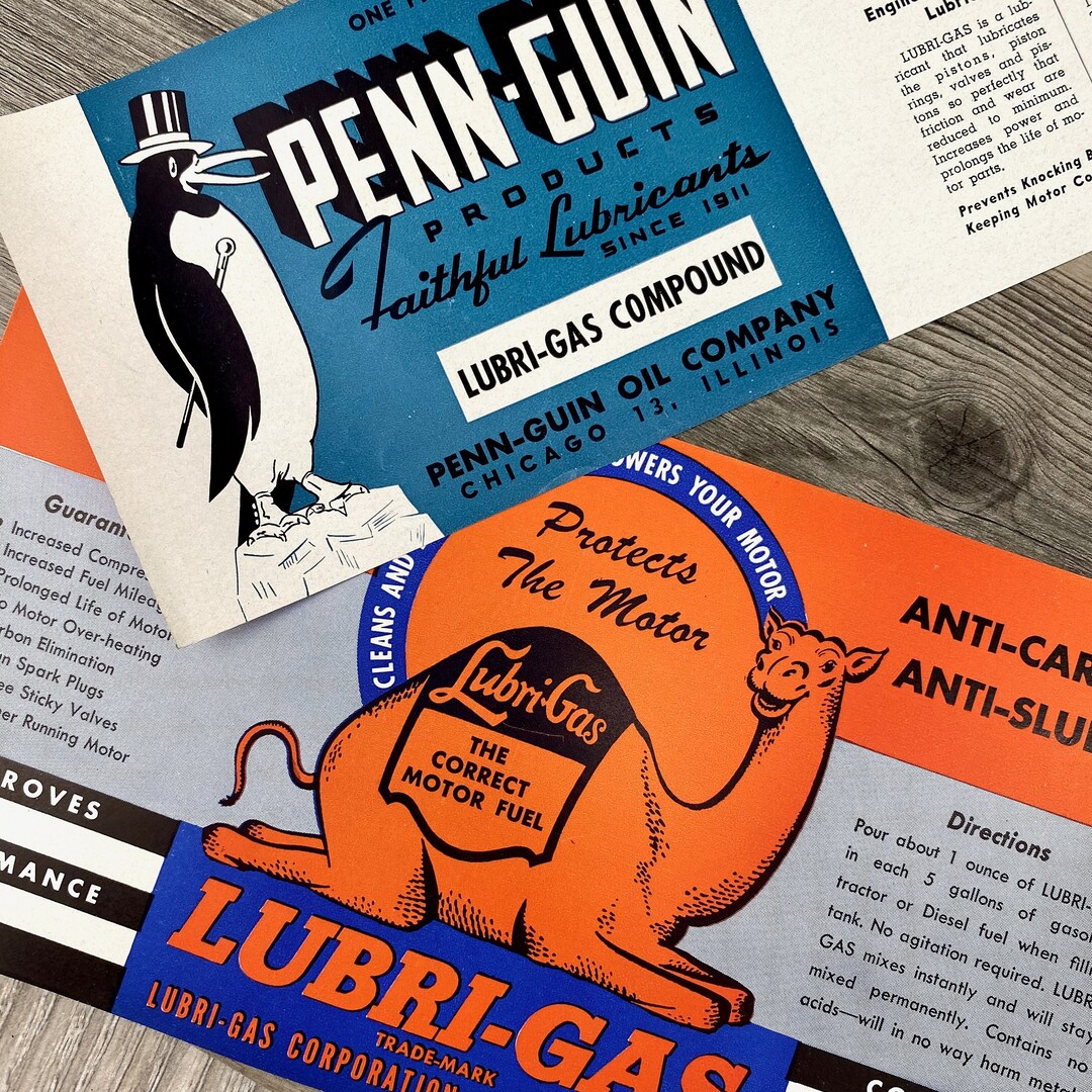 2 Vintage Art Deco Gas Can Labels Penguin Camel 1940s Lubri-gas Garage ...