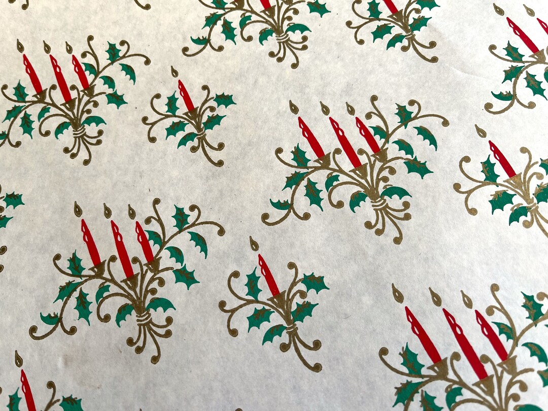 1950s Christmas Gift Wrap: Candle Sconces & Holly, Wide 4 Yards - Etsy