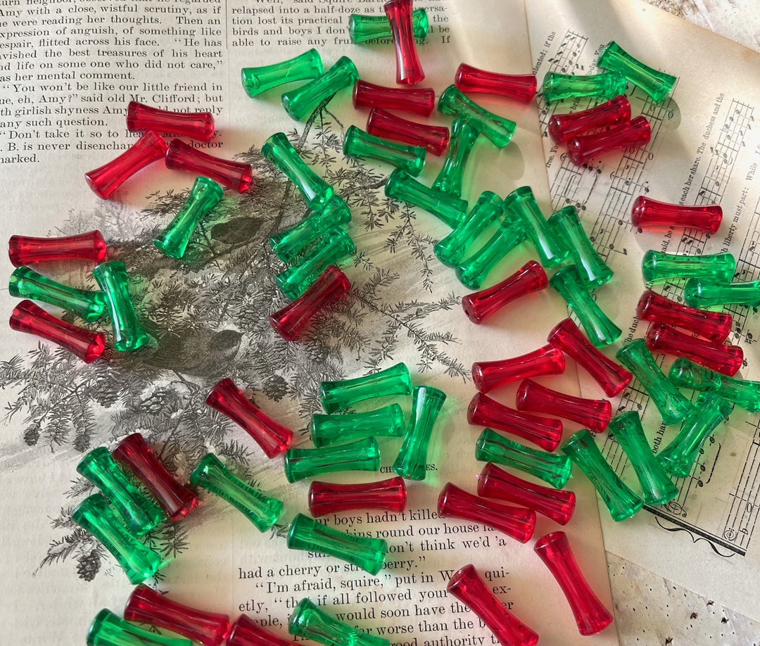 150 Vintage Plastic Flared Cylinder Beads Red Green Translucent Retro ...