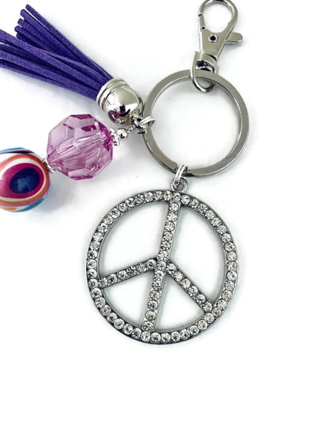 Peace Sign Key Chain Rhinestone Key Chain Pink Key Chain | Etsy