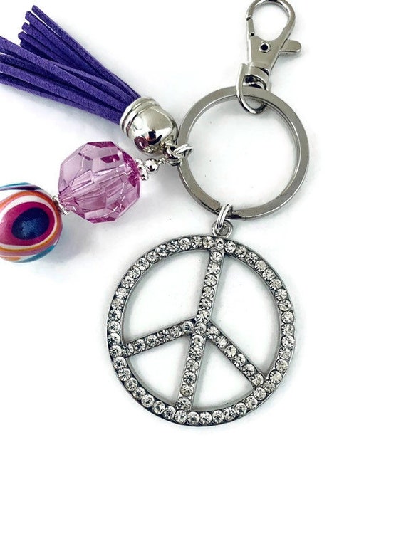 Peace Sign Key Chain Rhinestone Key Chain Pink Key Chain | Etsy