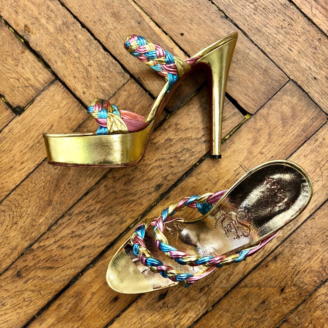 1970s Adige Gold, Pink & Blue Metallic Leather Platforms Sandals Sky ...