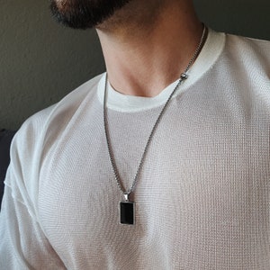 Black Rectangle Pendant Necklace for Men, Stainless Steel, Pendant With ...
