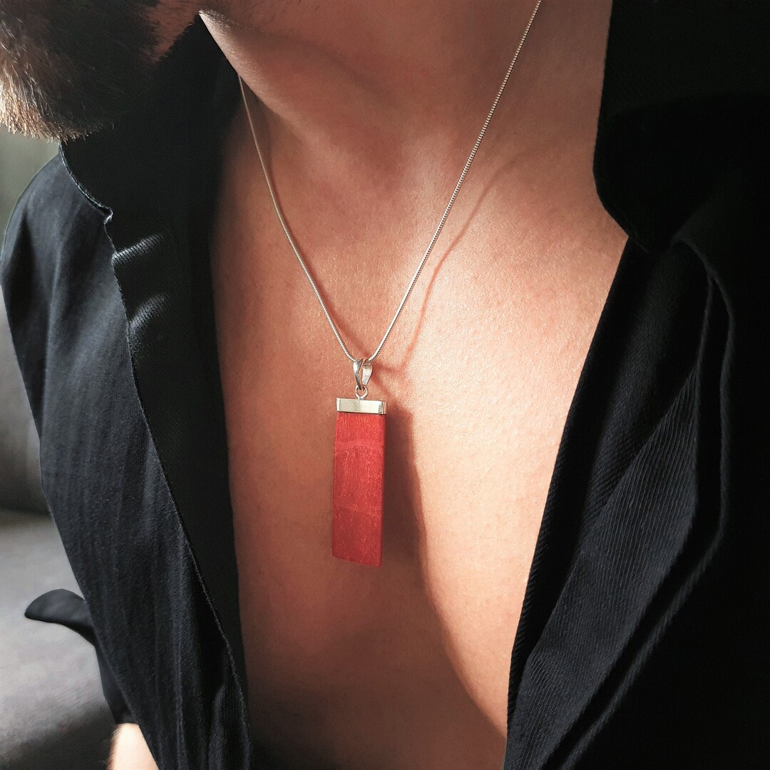 Mens Pendant Necklace Red Coral Gemstone, Handmade Jewelry for Men, Pendant With Chain, Natural ...