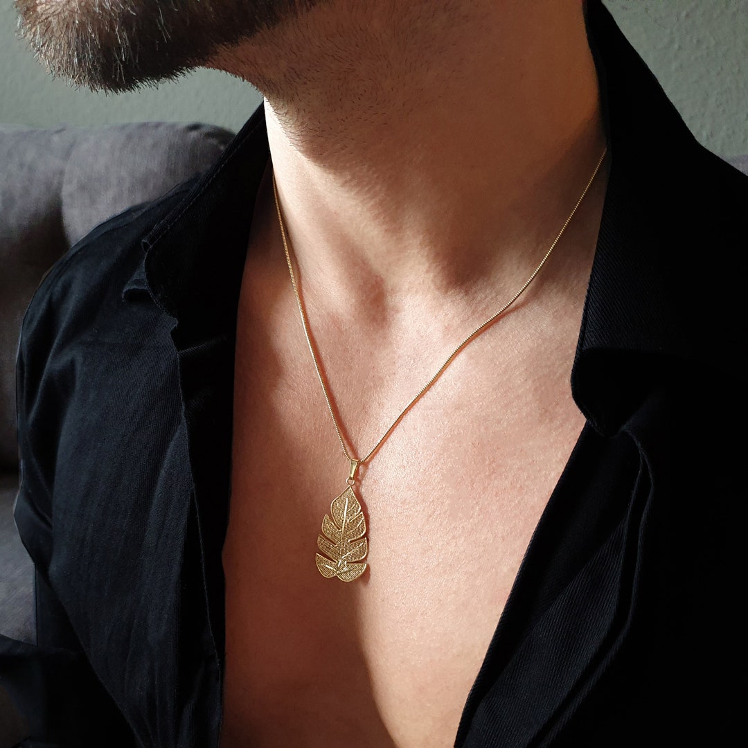 Mens Pendant Necklace Gold Leaf Sterling Silver Handmade Jewelry For Men 14k Gold Pendant With