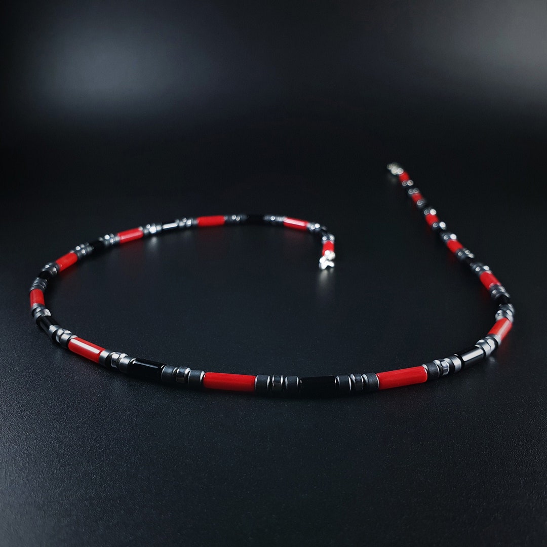 Mens Necklace Red Coral Black Onyx Gemstone, Handmade Jewelry for Men ...