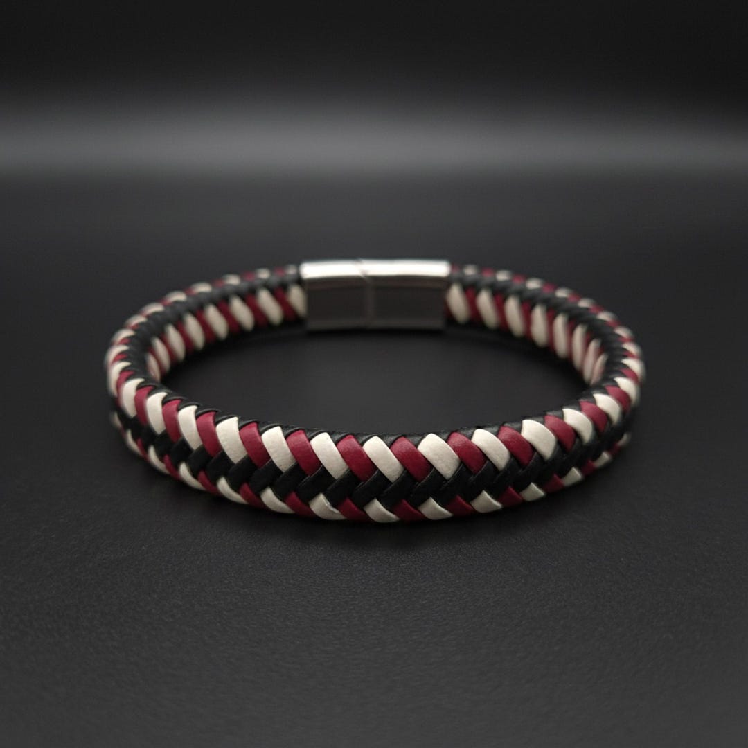 Tri-color Men Bracelets Leather Braid Red White and Black Stainless ...