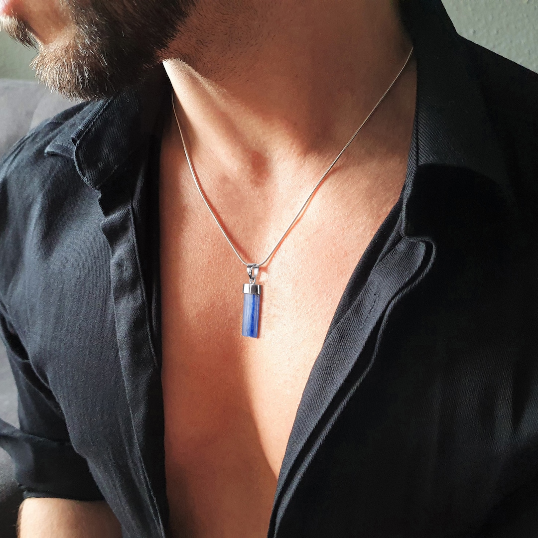 Mens Pendant Necklace Kyanite Ocean Blue Gemstone, Handmade Jewelry for ...