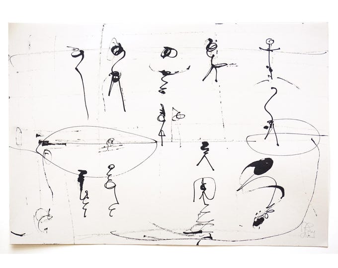 Unique Ink Drawing, DIN A3 (16.5/11.7"), "people on Street", Abstract ...