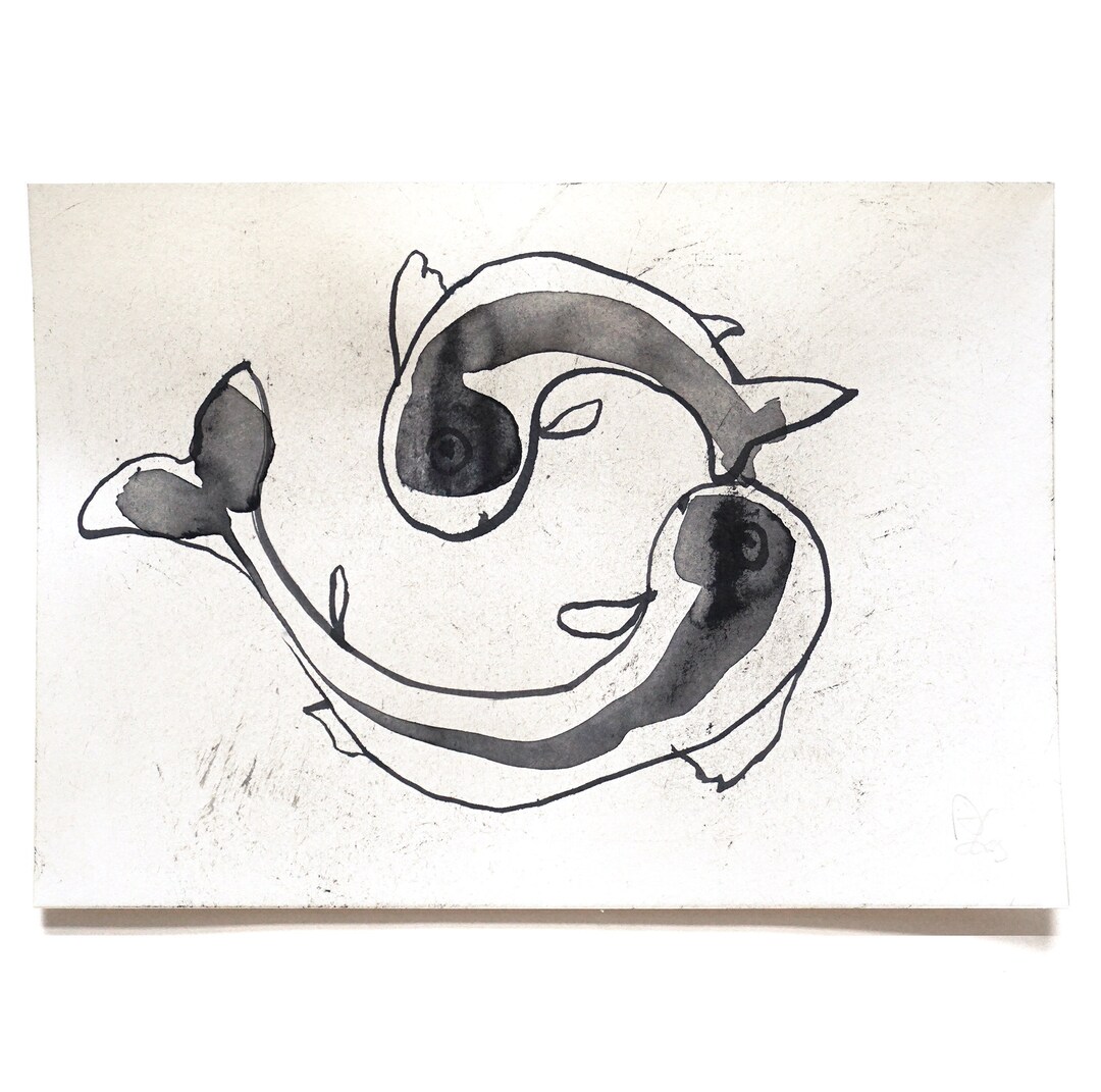 ORIGINAL Ink Drawing, DIN A4 (11.7/ 8.3"), "fish Duet", Abstract ...