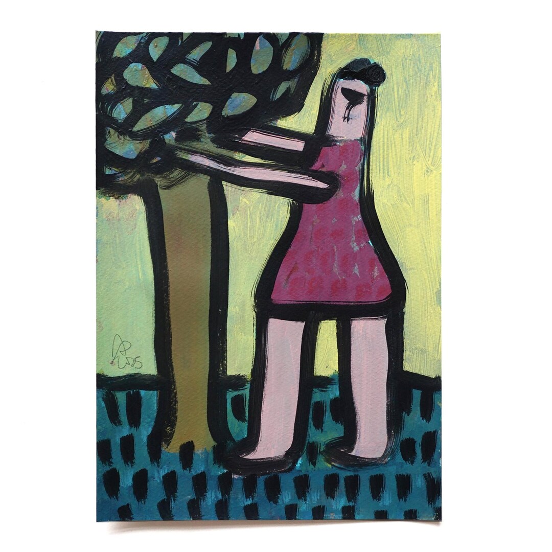 ORIGINAL Drawing, 17.5/25 Cm (6.9/9.8"), "me and the Tree", Naive ...