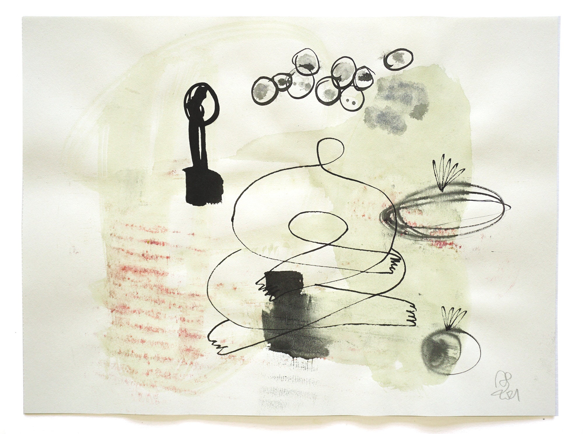 Original abstract ink circle drawing and painting in ink and acrylic ...