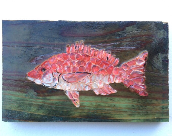 Sea Glass Red Snapper Decor Sea Glass Mosaic Red Fish on Wood Beach Art ...